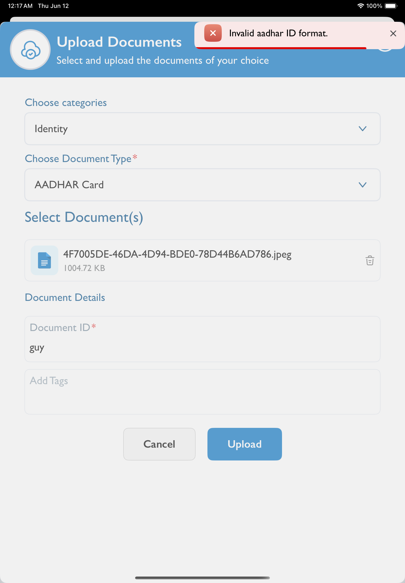 Feature #4801: Document (Upload): When uploading a document, if an invalid Document ID is ...
